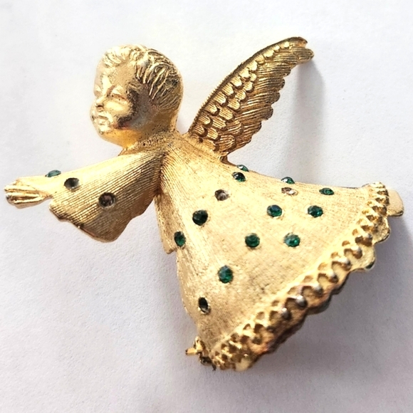 Tortolani | Jewelry | Vtg 96s Dodds Gold Tone Green Rhinestone Angel ...